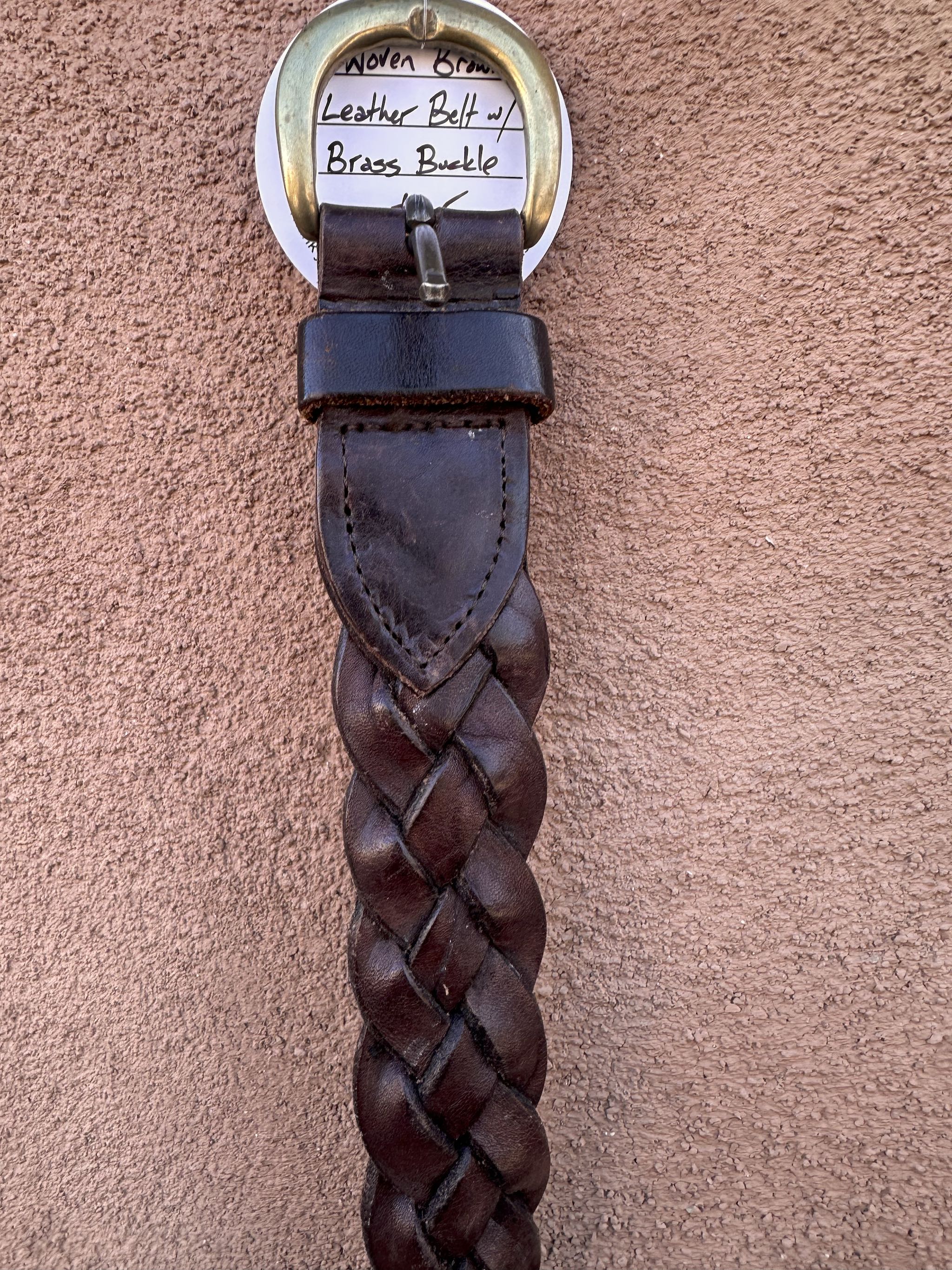 Vintage Woven Brown Leather Belt with Brass Buckle - Made in England ...