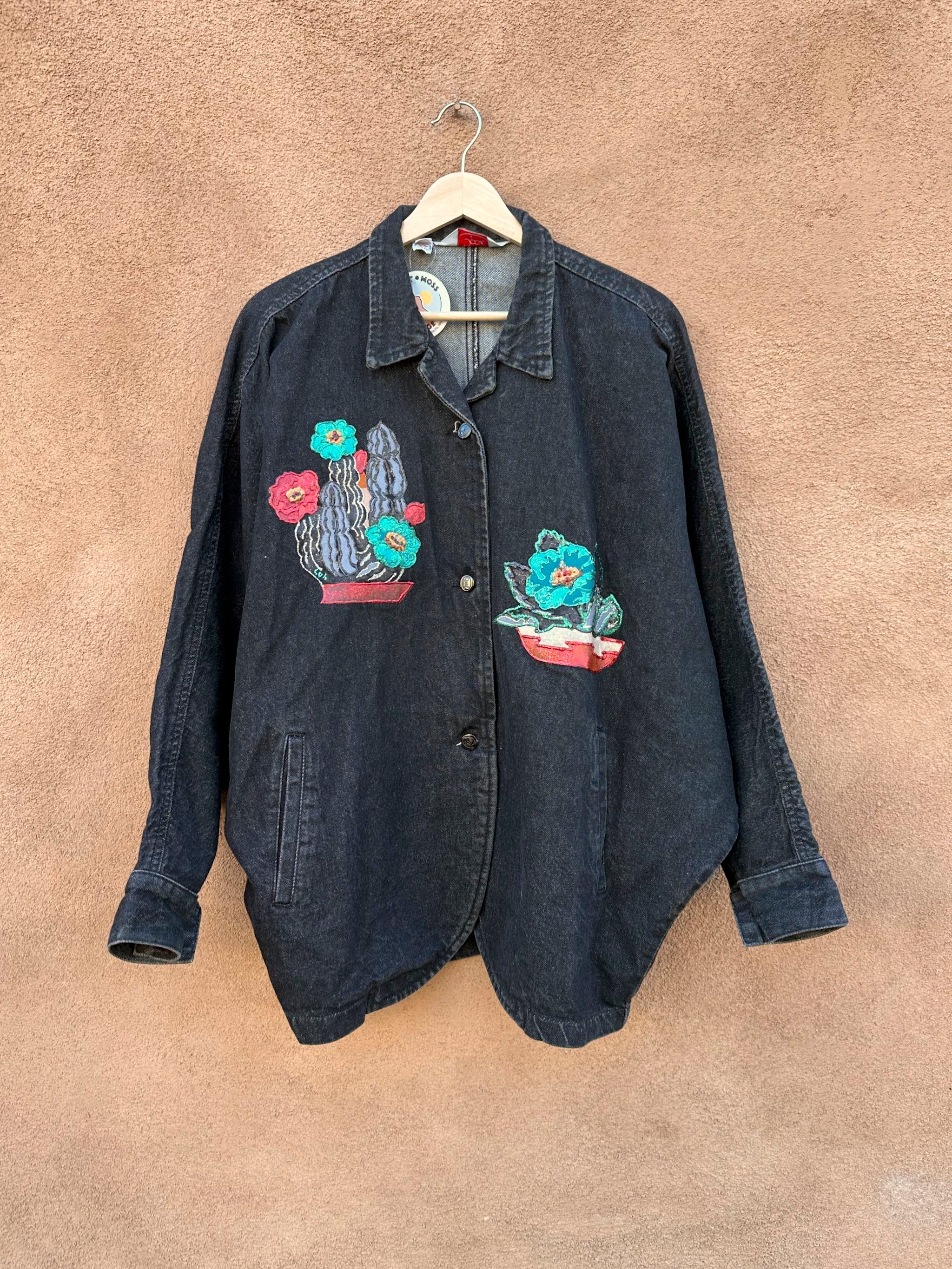 Vintage Applique & Glitter Paint Cacti Black Denim Jacket – DESERT MOSS ...