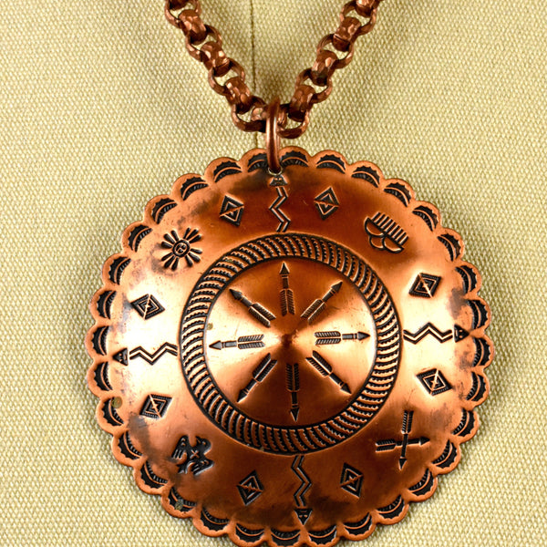 Vintage Pure Copper Pendant with Native American Symbols On Copper Chain